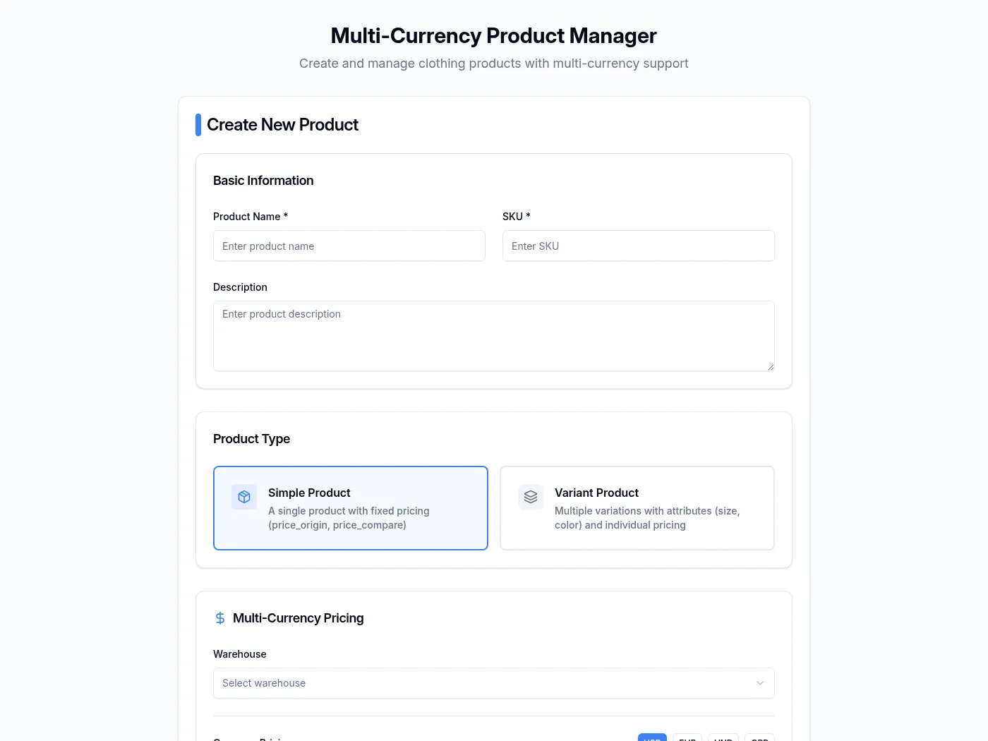 Multi-Currency Clothing Product Creation Form for E-commerce Platforms