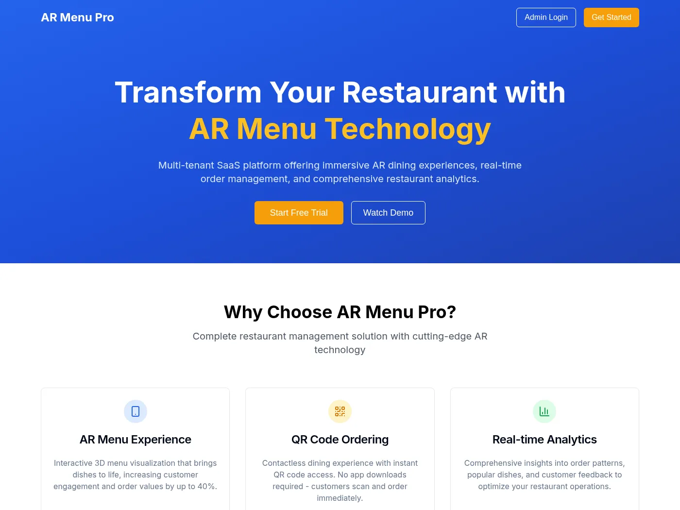 Multi-Restaurant AR Menu & Ordering SaaS Platform