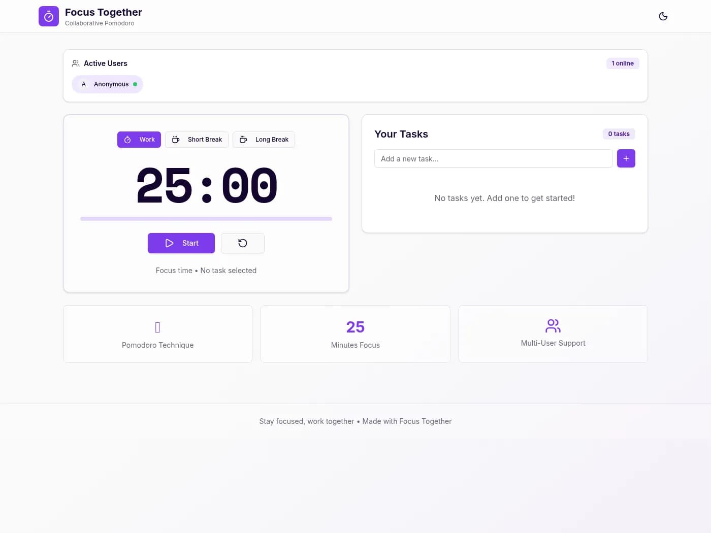 Multi-User Pomodoro Web App with Theme Switching