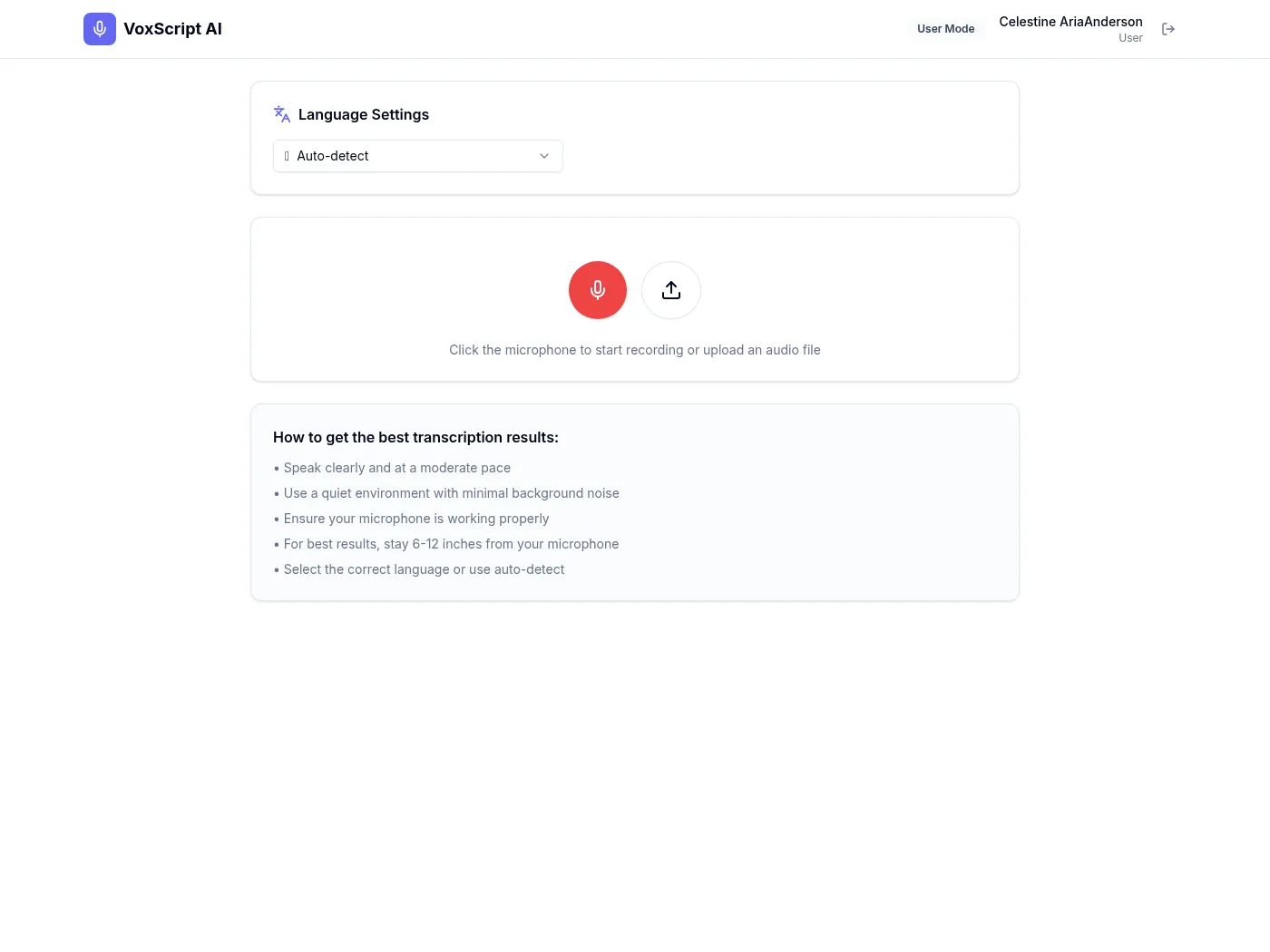 Multilingual AI Speech-to-Text Converter with User Login & Real-Time Transcription