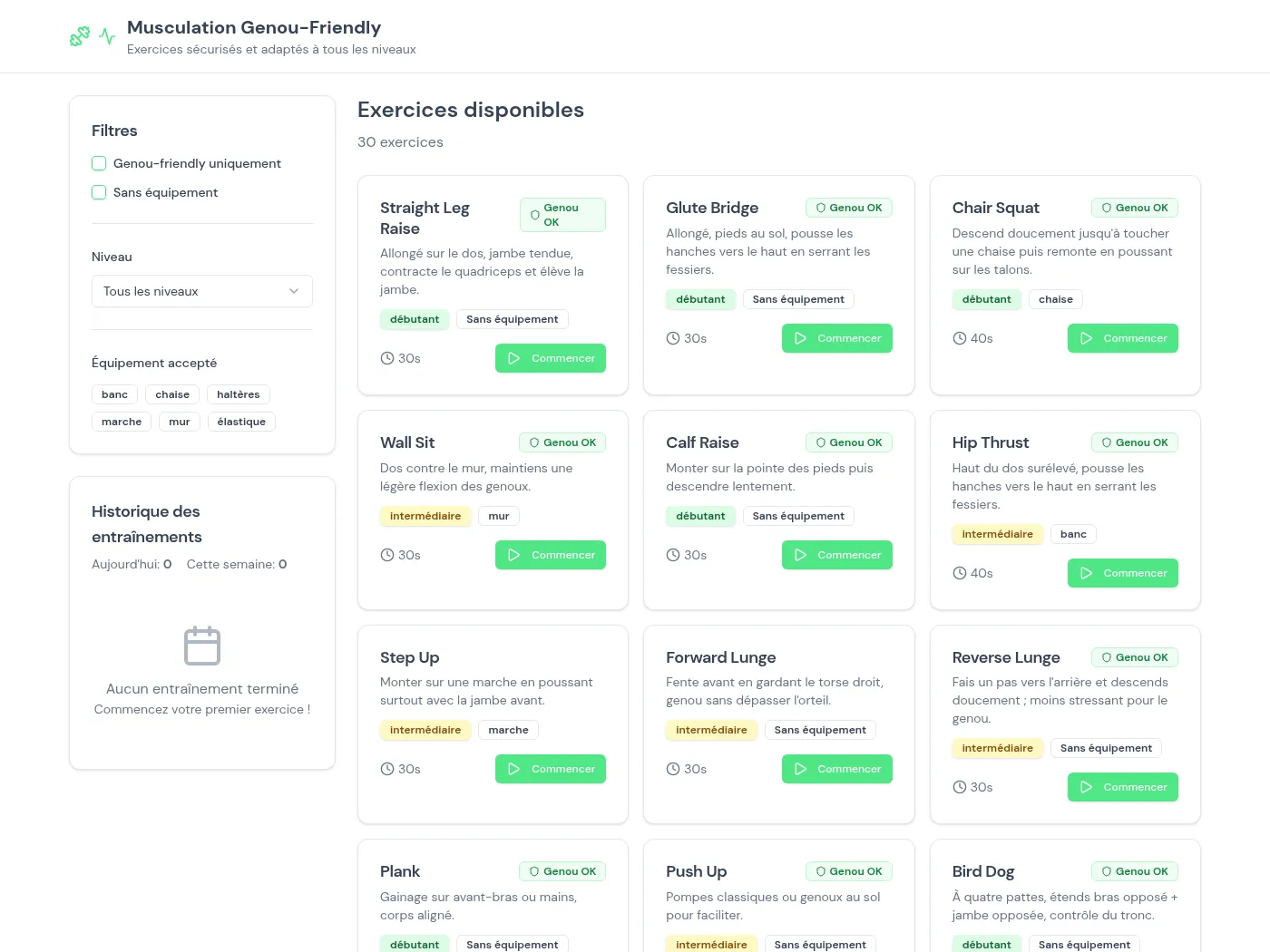 Musculation Web App - Exercices Genou-Friendly et Sans Équipement