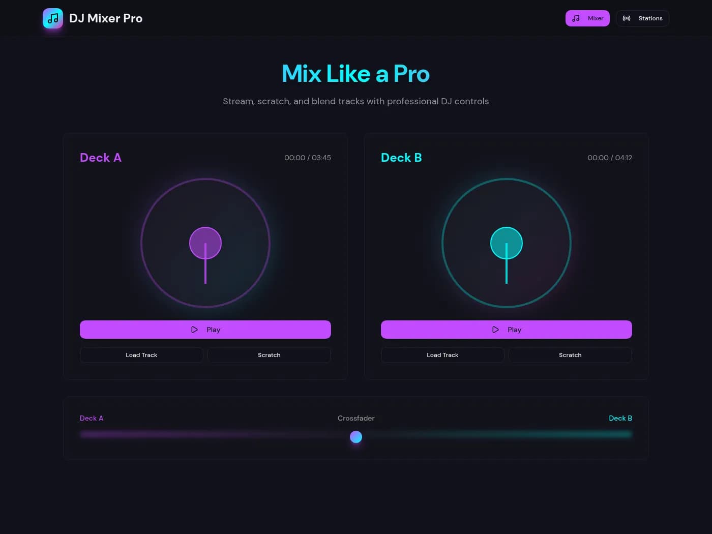 Pandora-Inspired Music App with DJ Scratching & Blending