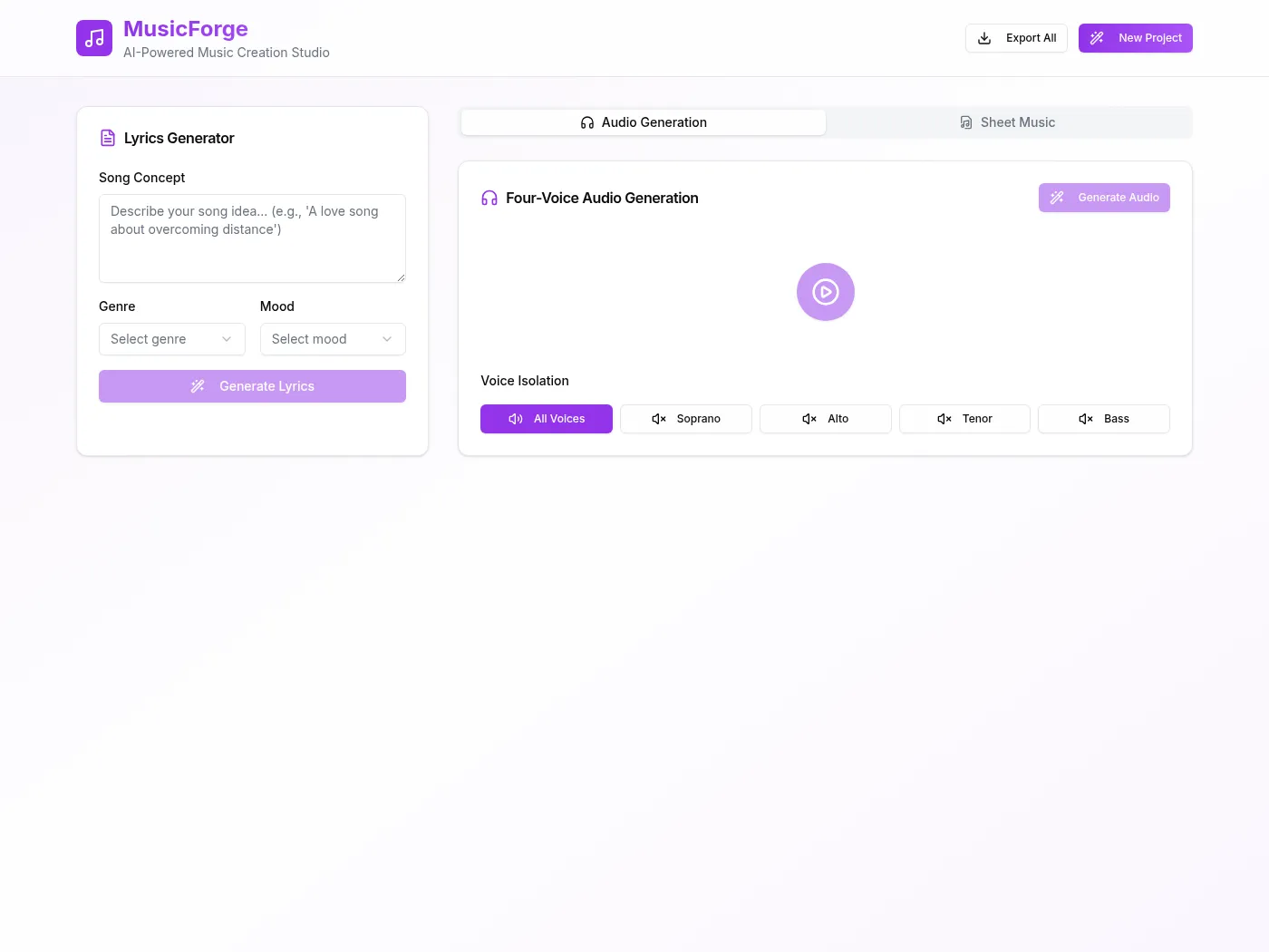 Music Creation App with Lyrics, Audio, and Four-Voice Sheet Generation