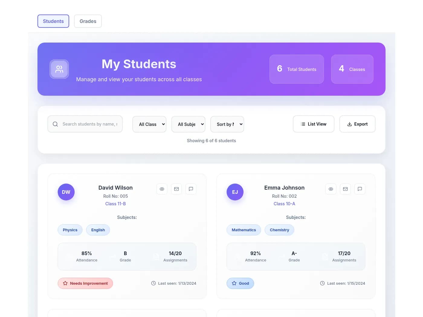 My Students Dashboard - Enhanced Student Management Page