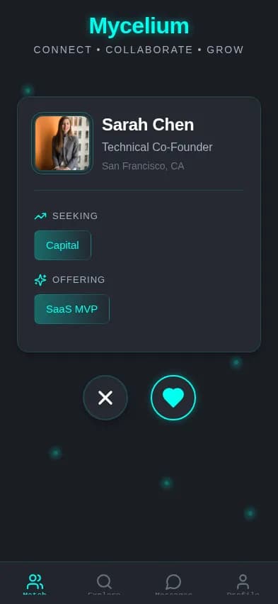 Mycelium Founder Matching UI (Mobile Prototype)