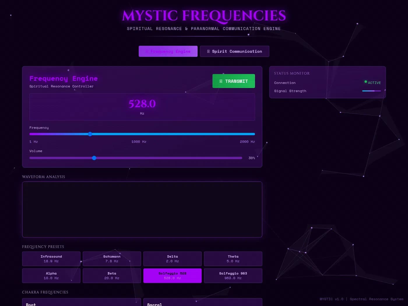 Mystic Frequencies: Sci-Fi Spiritual Resonance & Paranormal Communication Web App