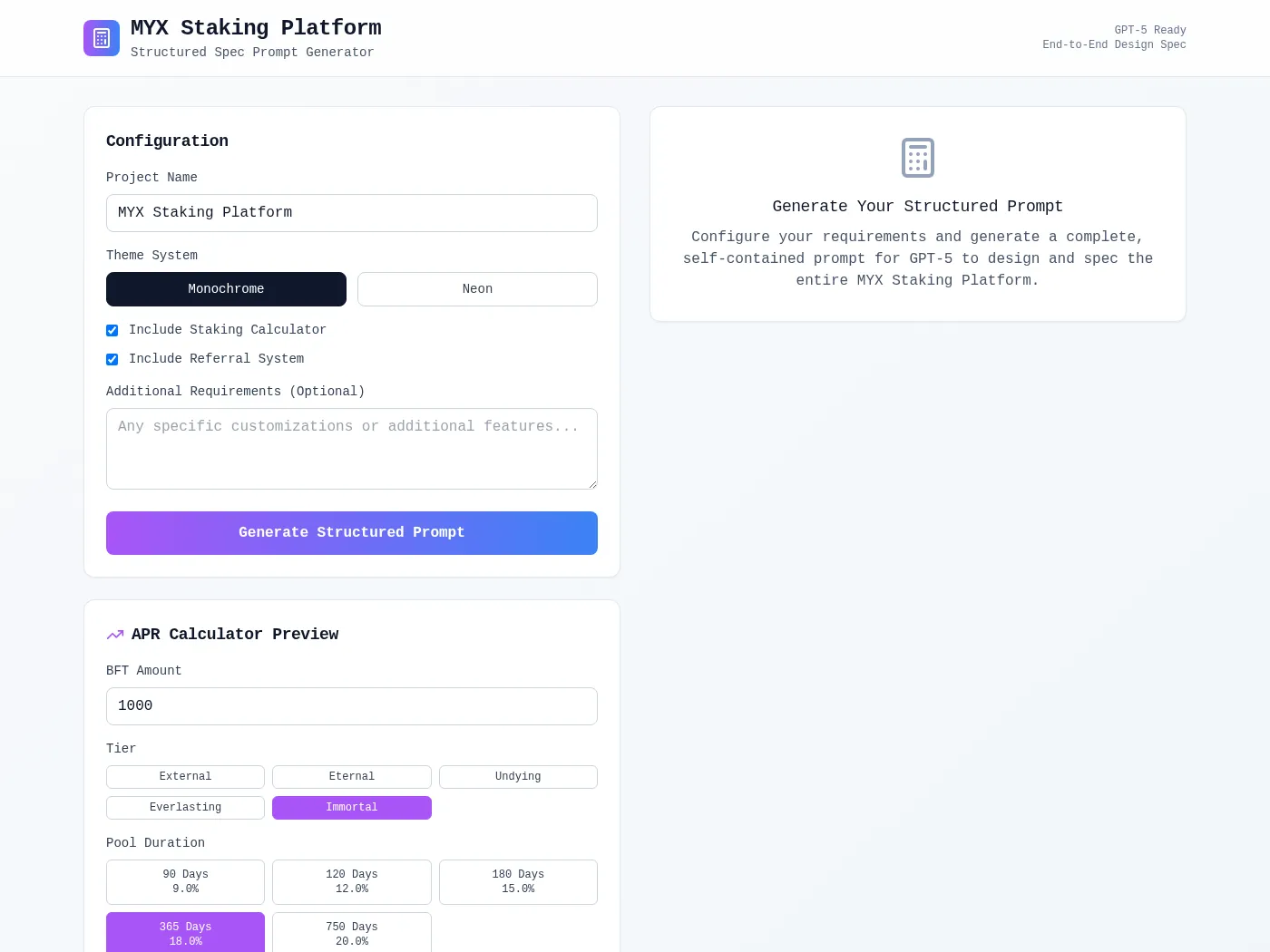 MYX Staking Platform Structured Spec Prompt Generator