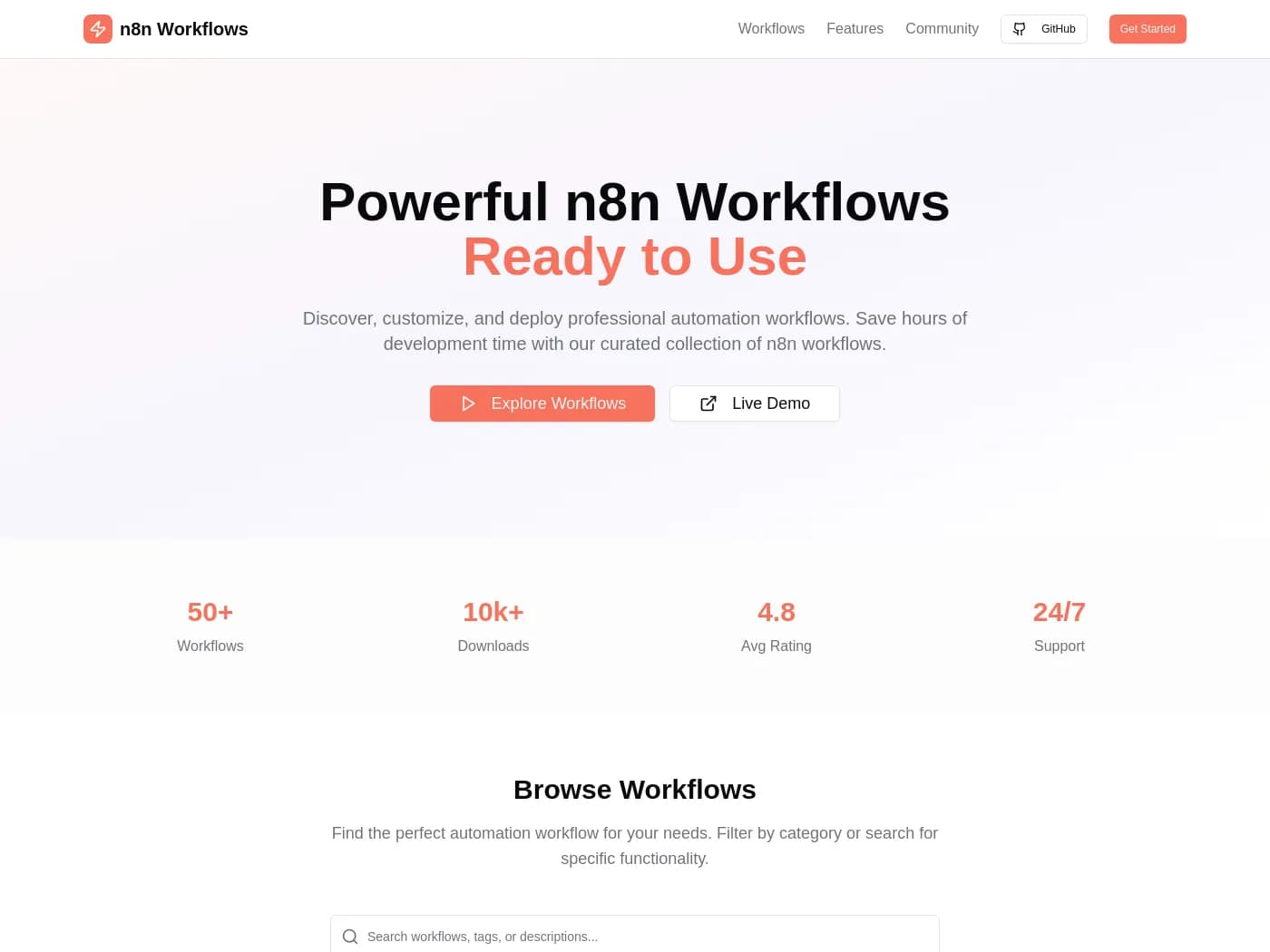 n8n Workflow Showcase Landing Page