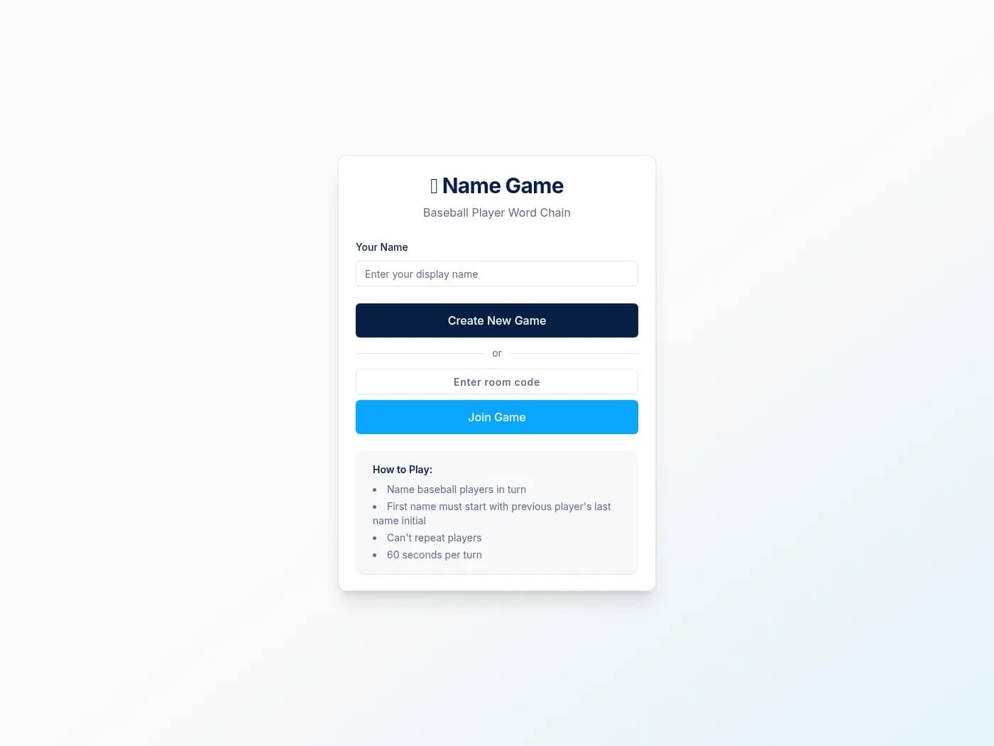 Name Game Online: Baseball Player Word Chain