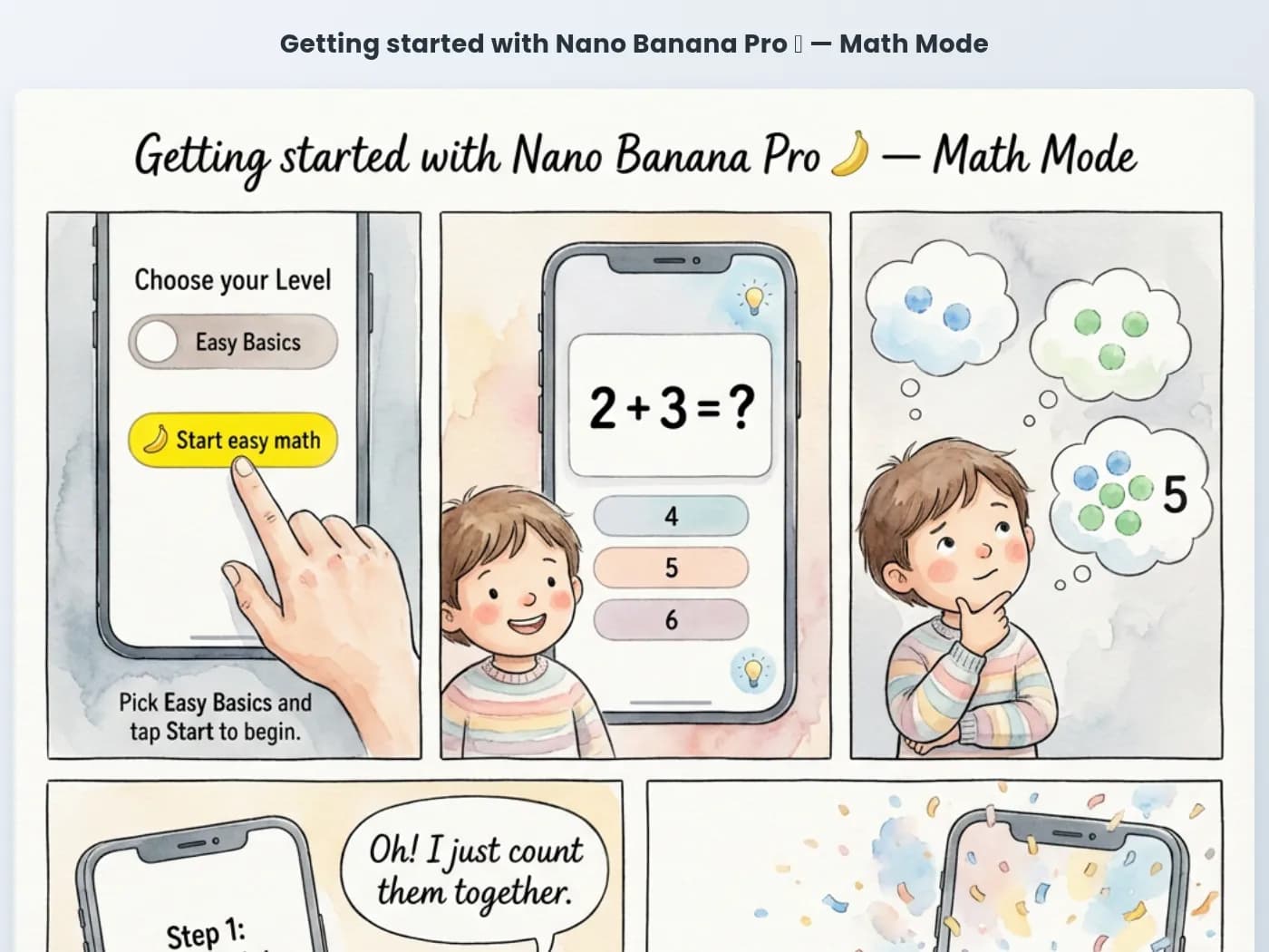 Nano Banana Pro – Watercolor-Ink Kids’ Math Learning Comic Onboarding