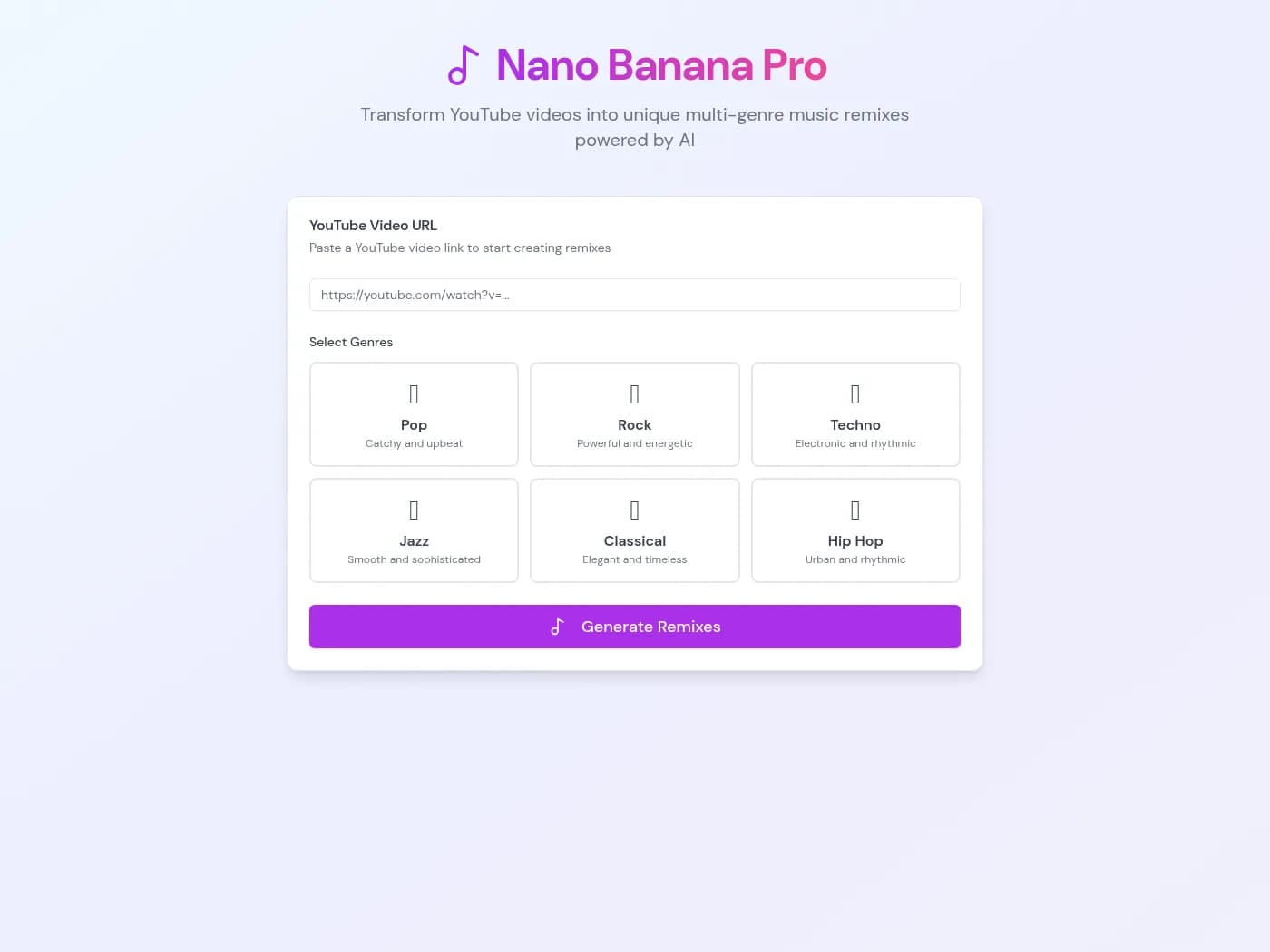Nano Banana Pro: YouTube Link to Multi-Genre Music Converter