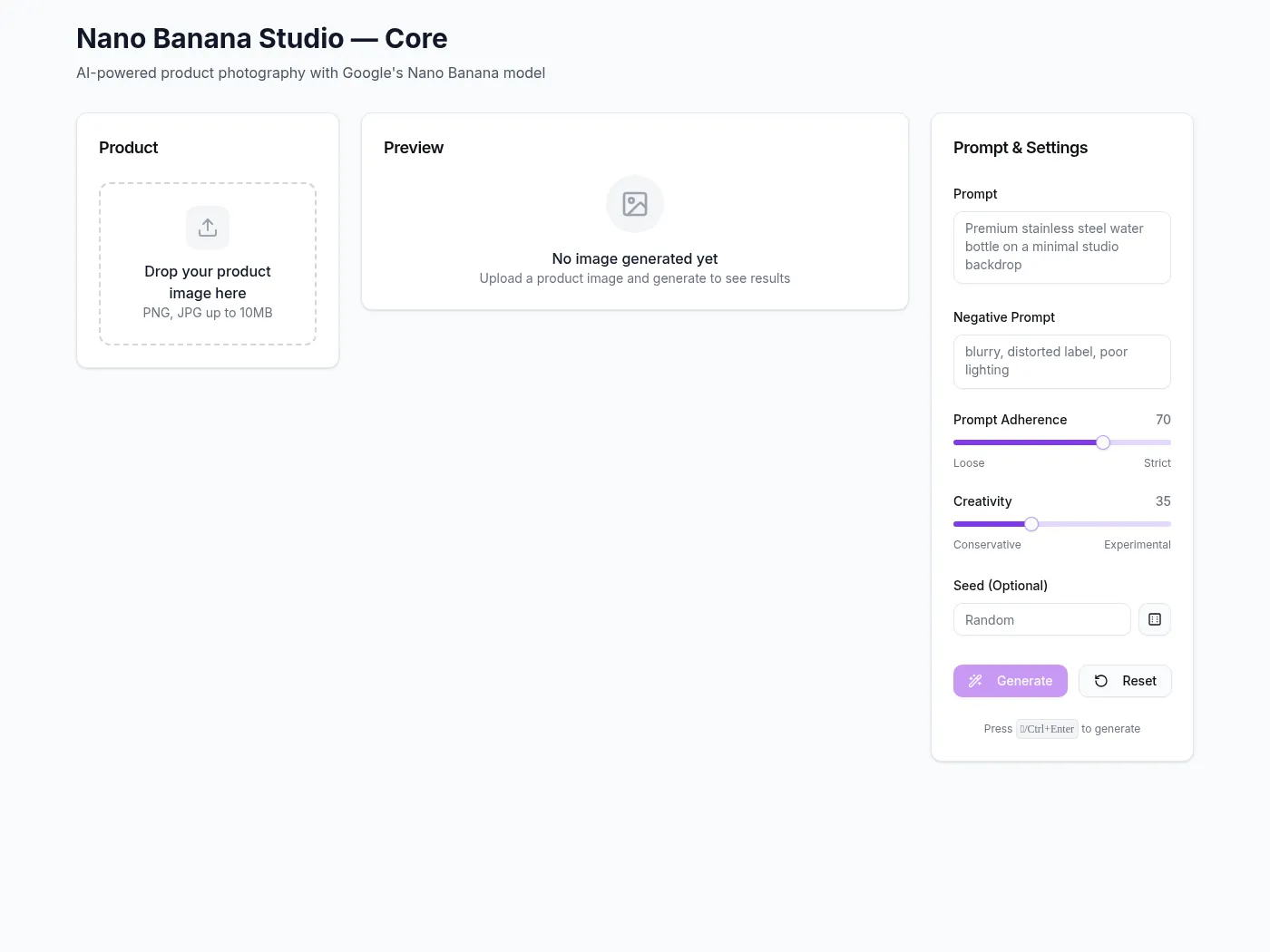 Nano Banana Studio — Core: Minimal Product Photo AI Web App