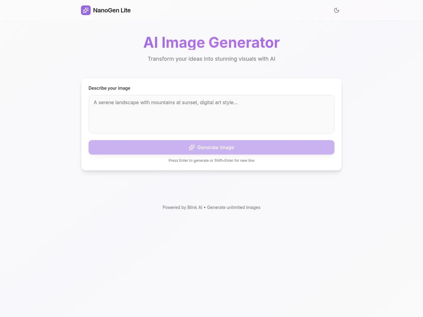 NanoGen Lite - Minimalist AI Image Generator Web App