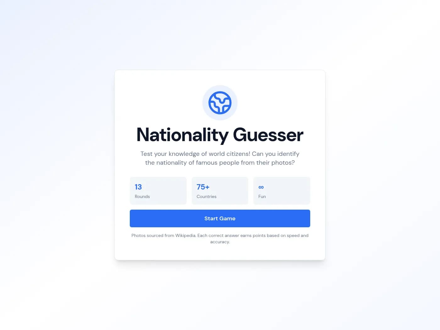 Nationality Guesser Game - Photo Edition