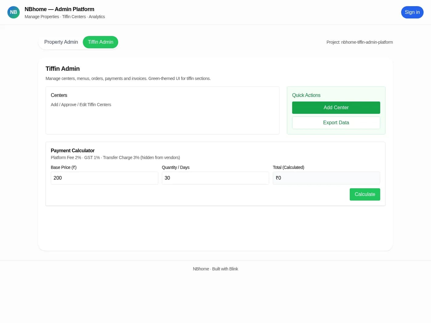 NBhome & Tiffin Admin Platform: Secure Property Rentals + Tiffin Center Management