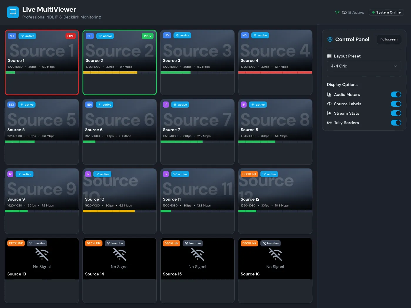 Live MultiViewer for NDI, IP, and Decklink Inputs/Outputs