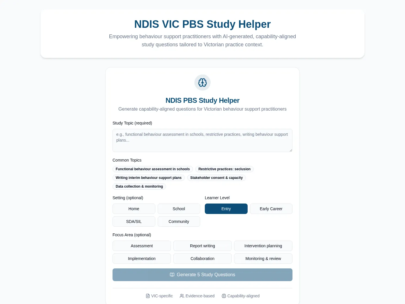 NDIS VIC PBS Study Helper App for Entry-level Behaviour Support Practitioners