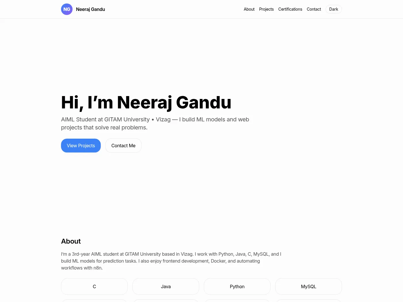 Neeraj Gandu - AIML Student Portfolio Website