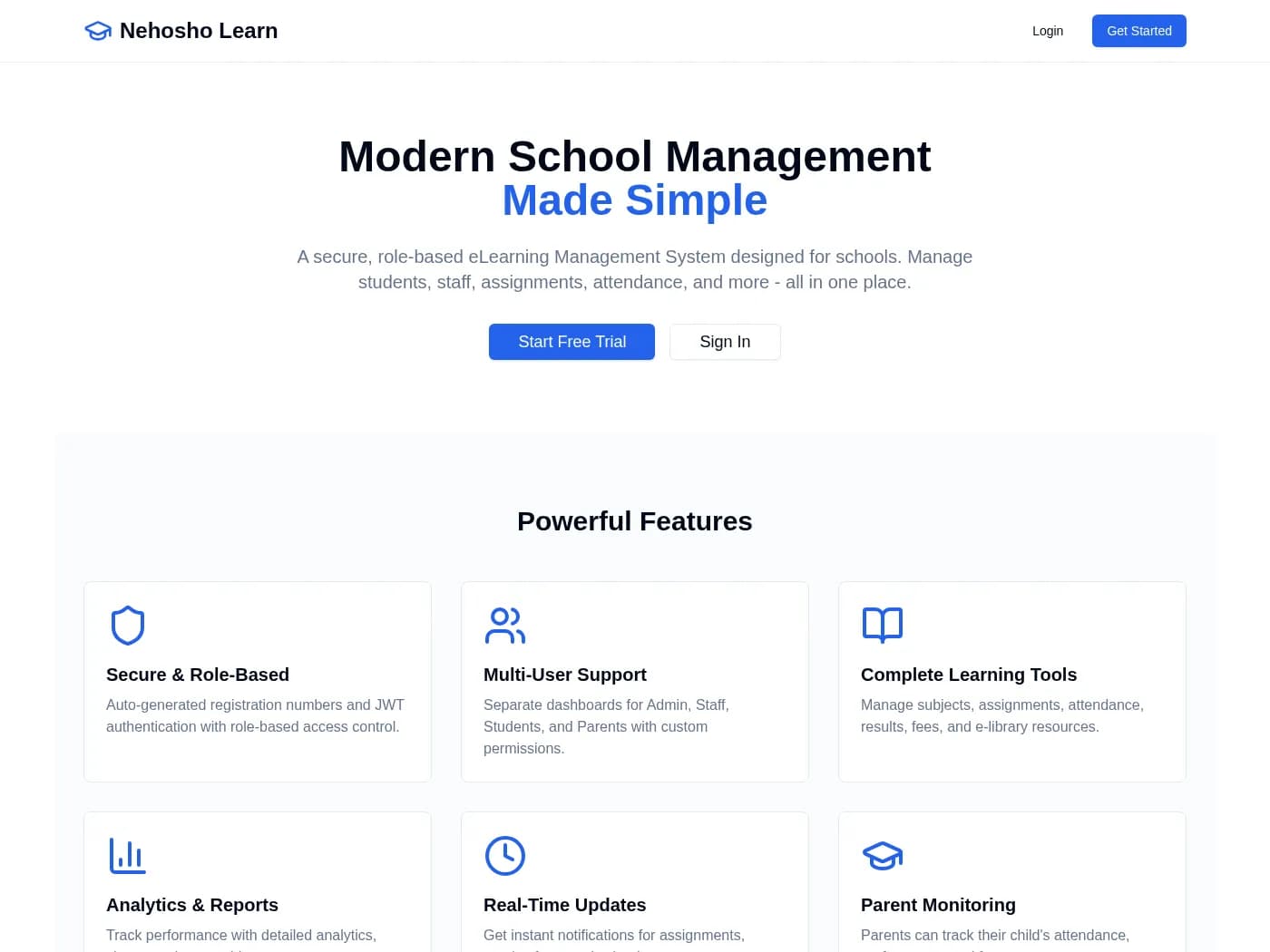 Nehosho Learn: Secure Role-Based School eLearning Management System (LMS)
