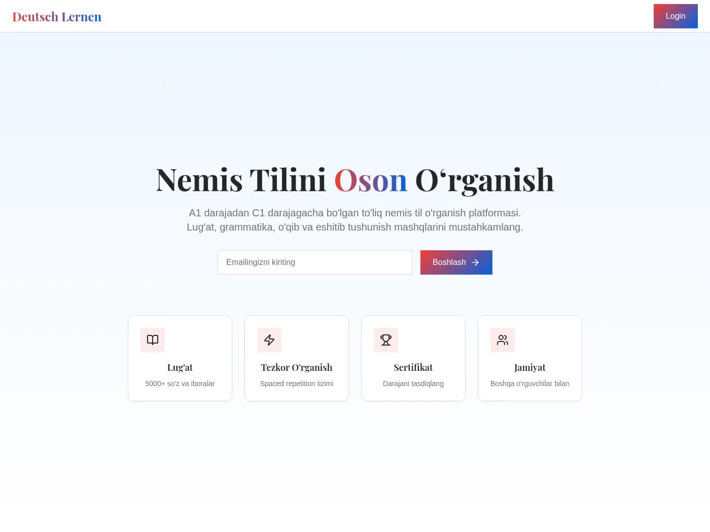 Nemis tilini oson va chuqur oʻrganish platformasi (A1-C1 darajagacha)