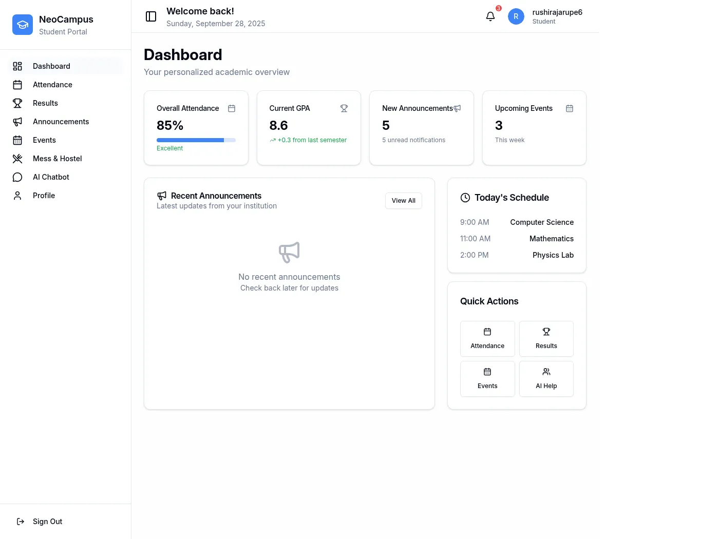 NeoCampus Student Portal – Unified AI-Enhanced Dashboard