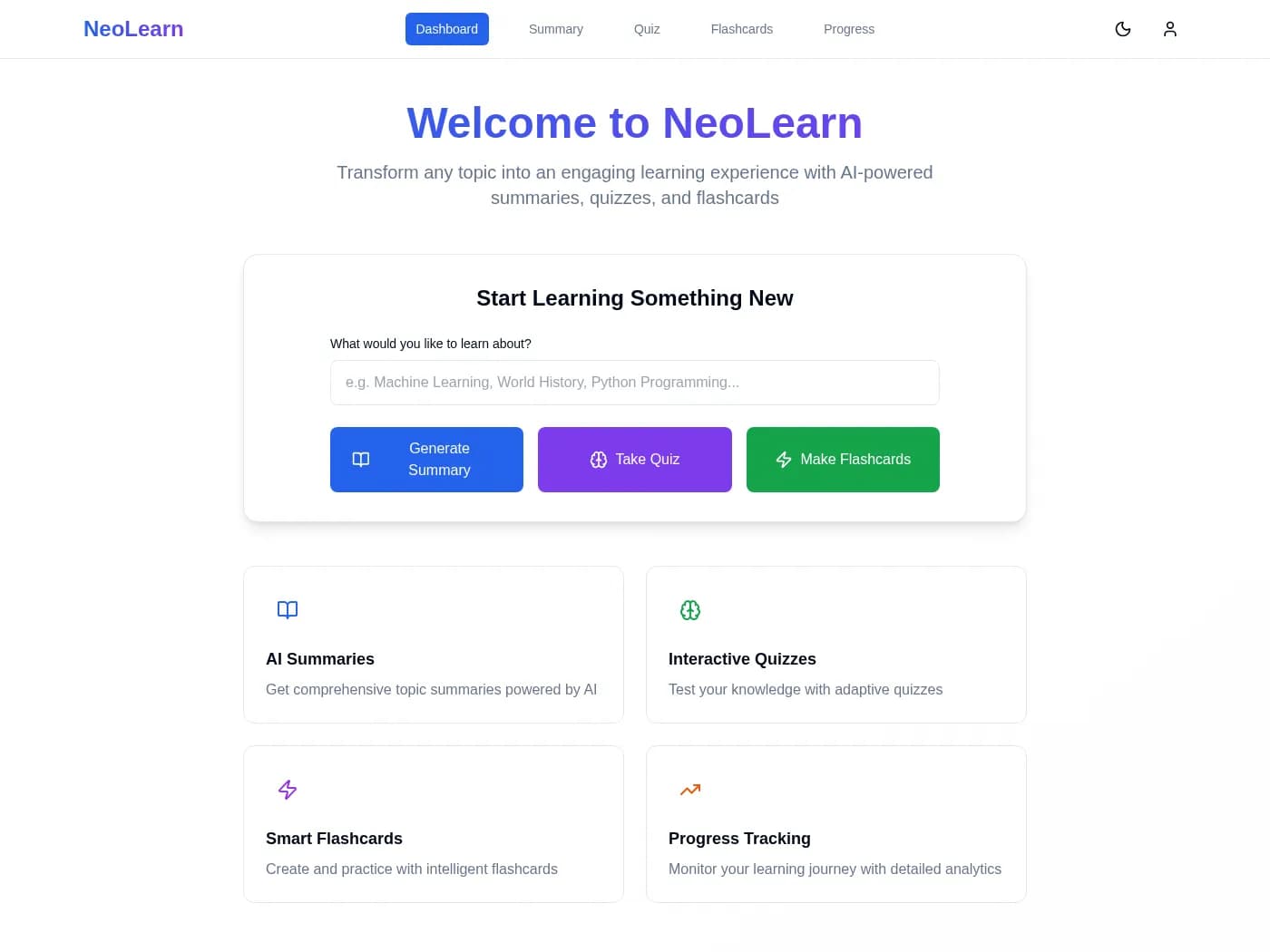 NeoLearn: Modern Learning Dashboard with AI-Powered Summaries, Quizzes & Flashcards