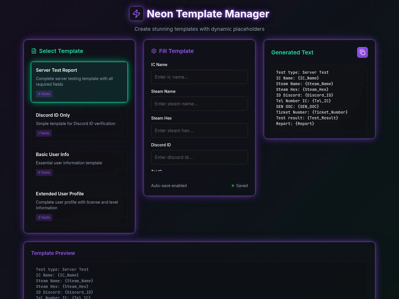 Neon Template Manager - Dynamic Placeholder Text Generator