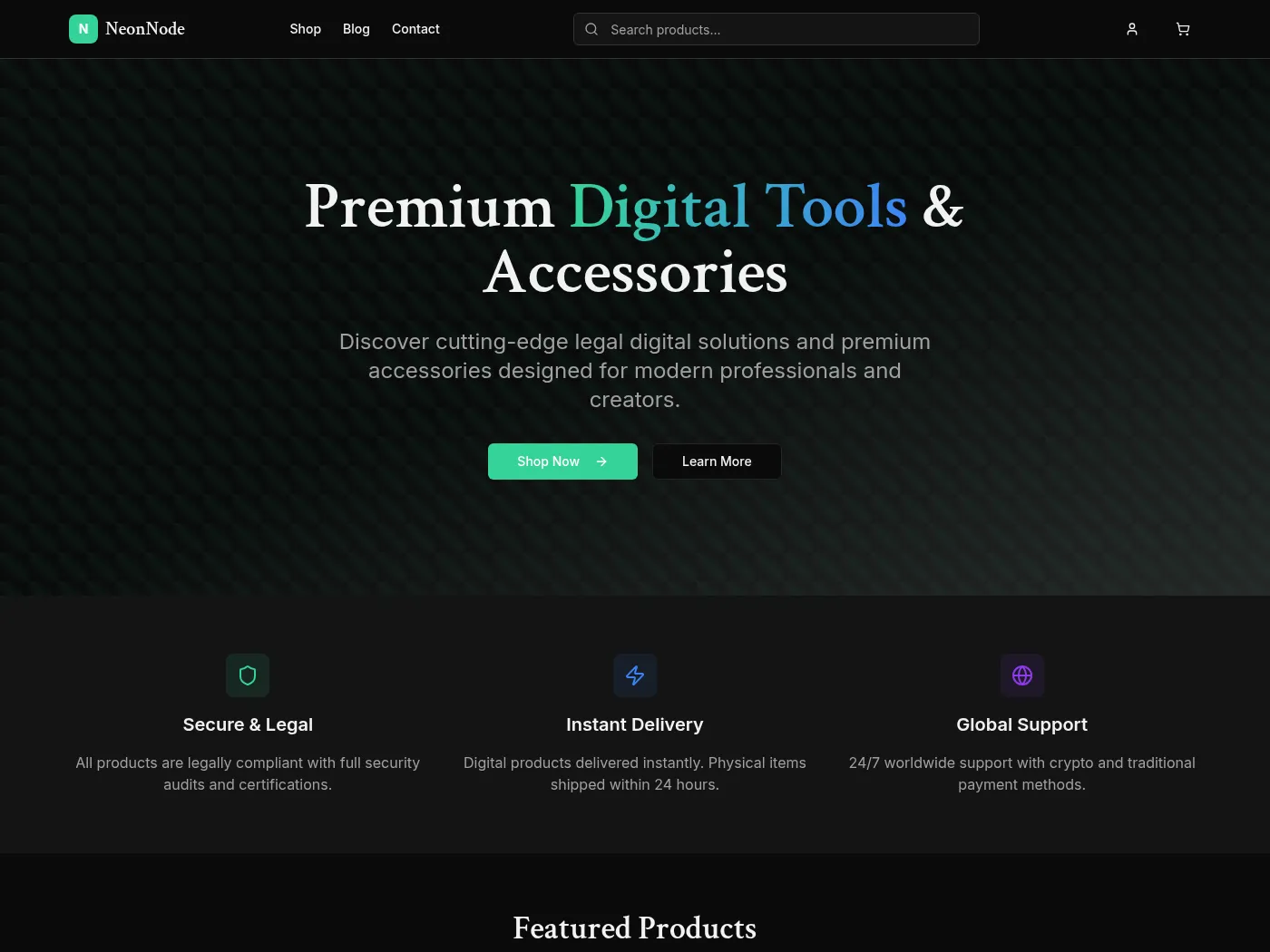 NeonNode: Dark-Mode Boutique Store for Legal Digital Tools & Accessories