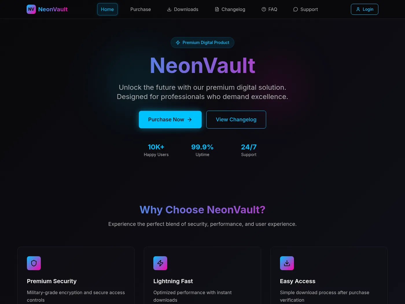 NeonVault: Modern Dark-Themed Digital Product Website