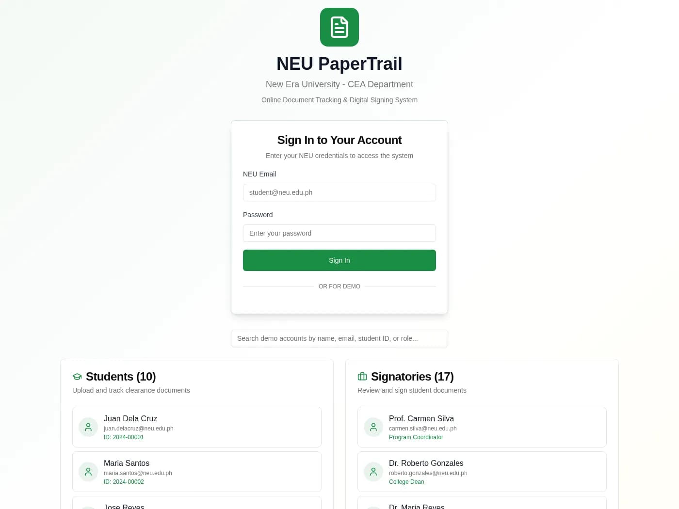 NEU PaperTrail — Online Student Document Tracking & Digital Signing System