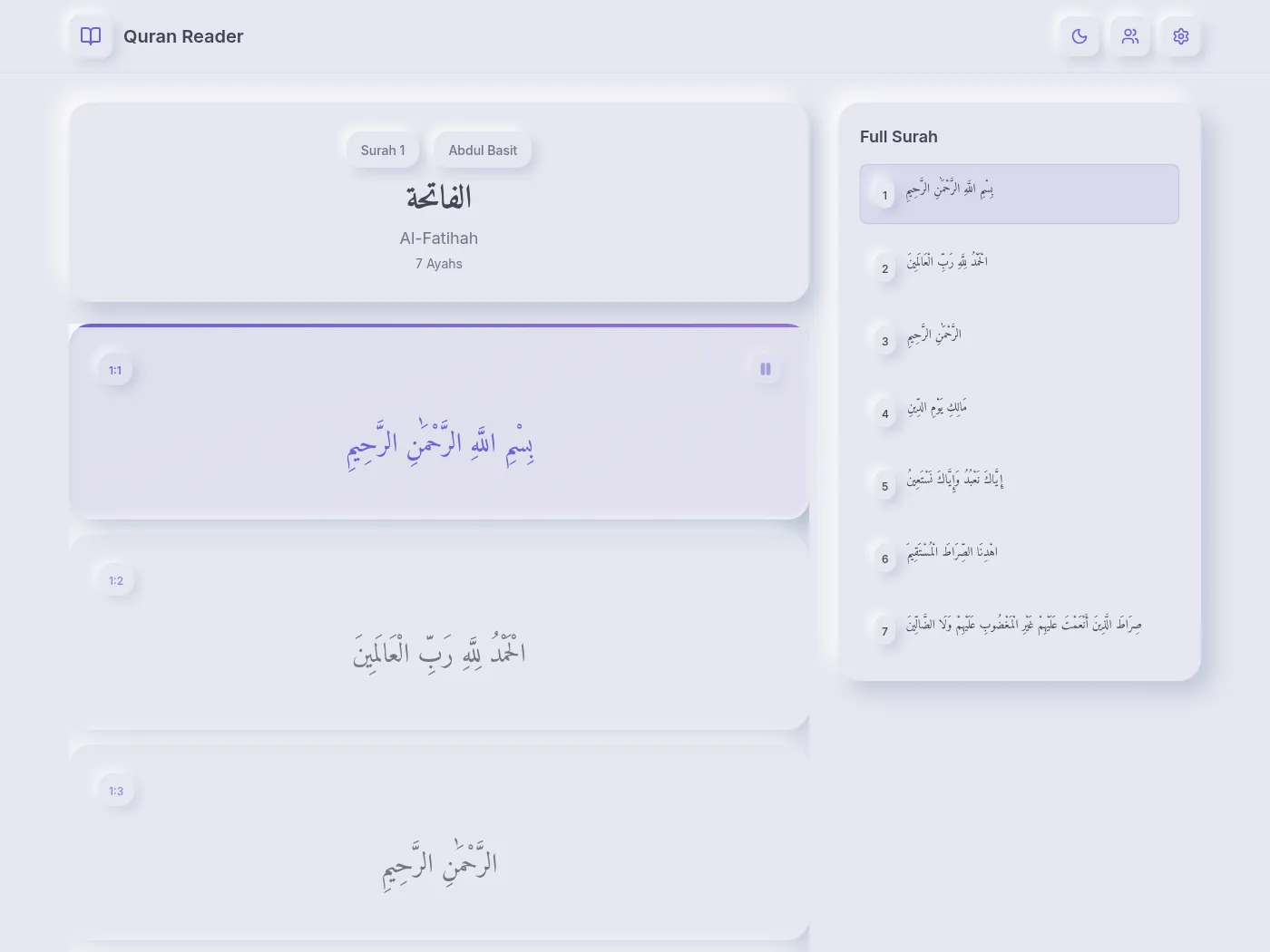 Neumorphism Quran 3D Soft UI Web App with Top Reciters
