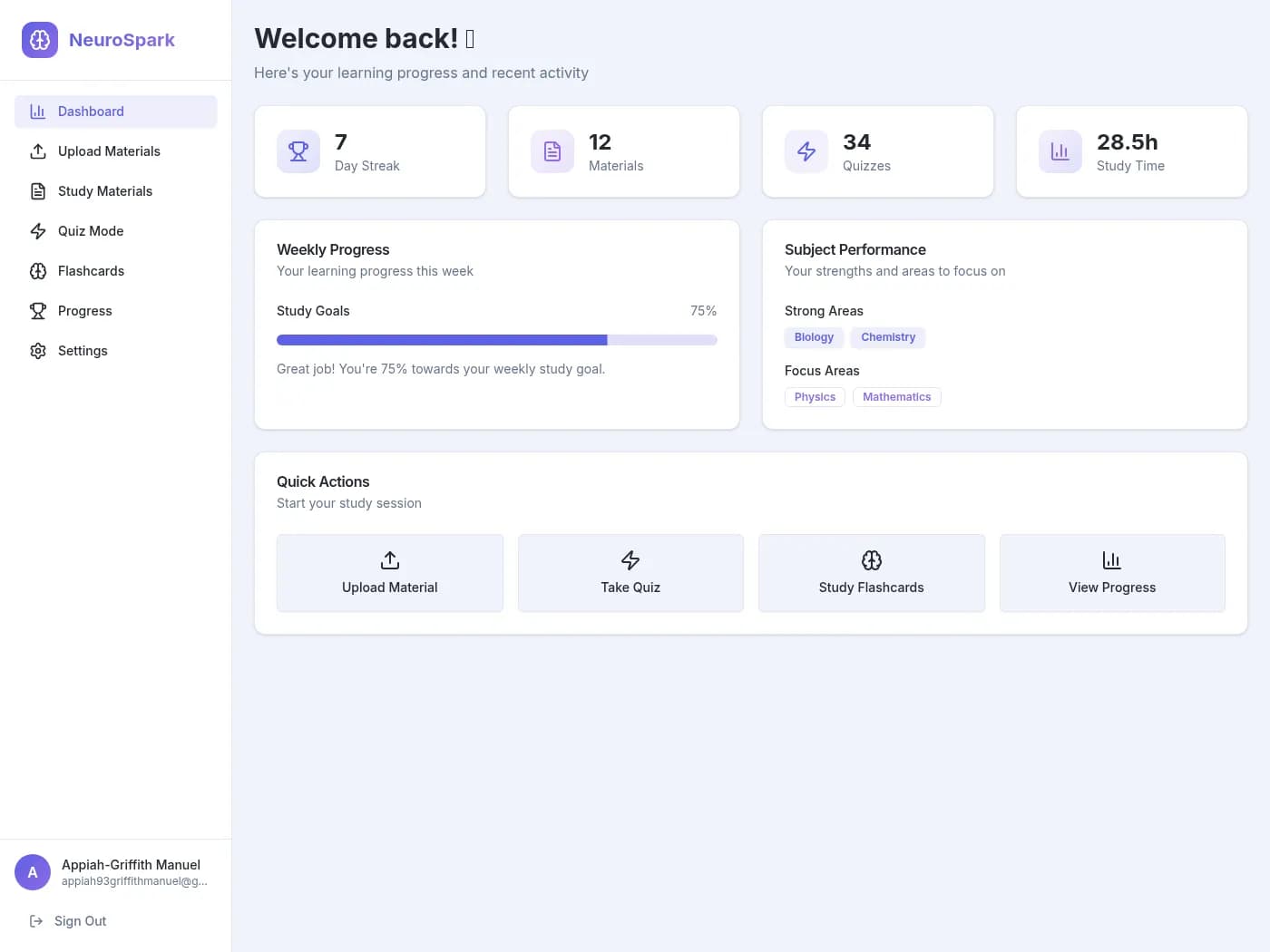 NeuroSpark: AI Study Assistant Web App