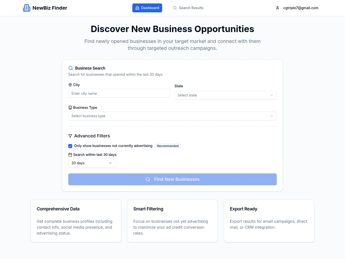 NewBiz Finder: New Business Outreach & Ad Credit Tool