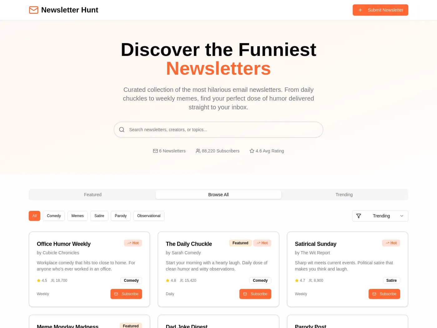 Newsletter Hunt - Humorous Newsletter Discovery Platform