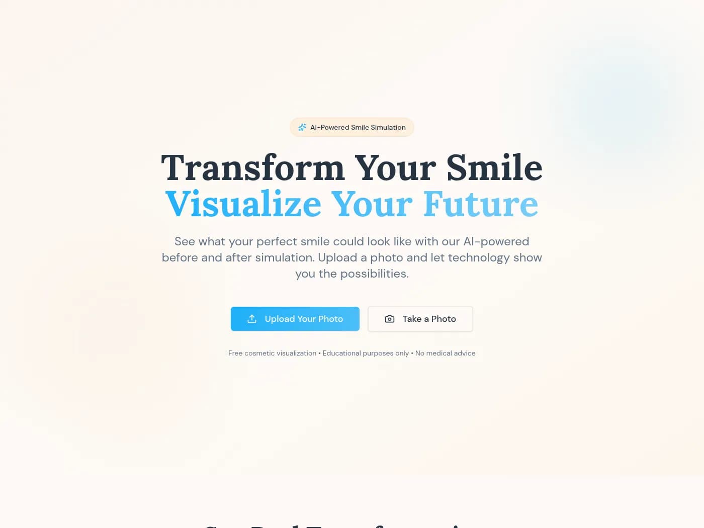 NewSmile.app Landing Page with Photo Upload & Before/After Simulation UI