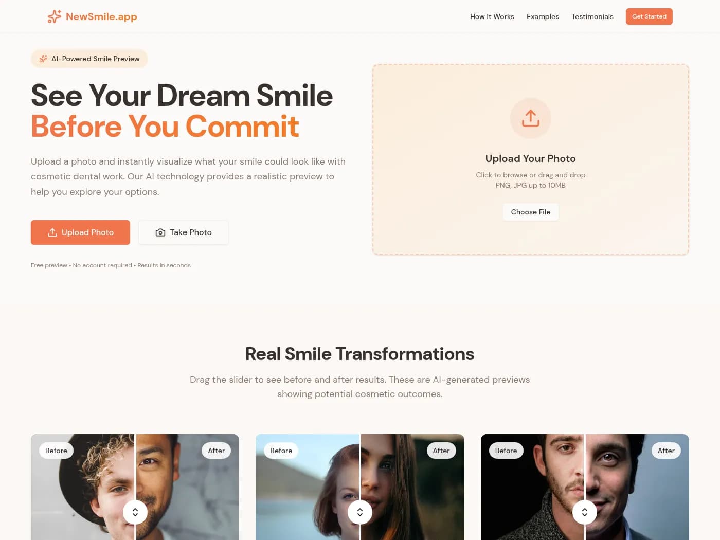 NewSmile.app Landing Page with AI Before & After Visualization