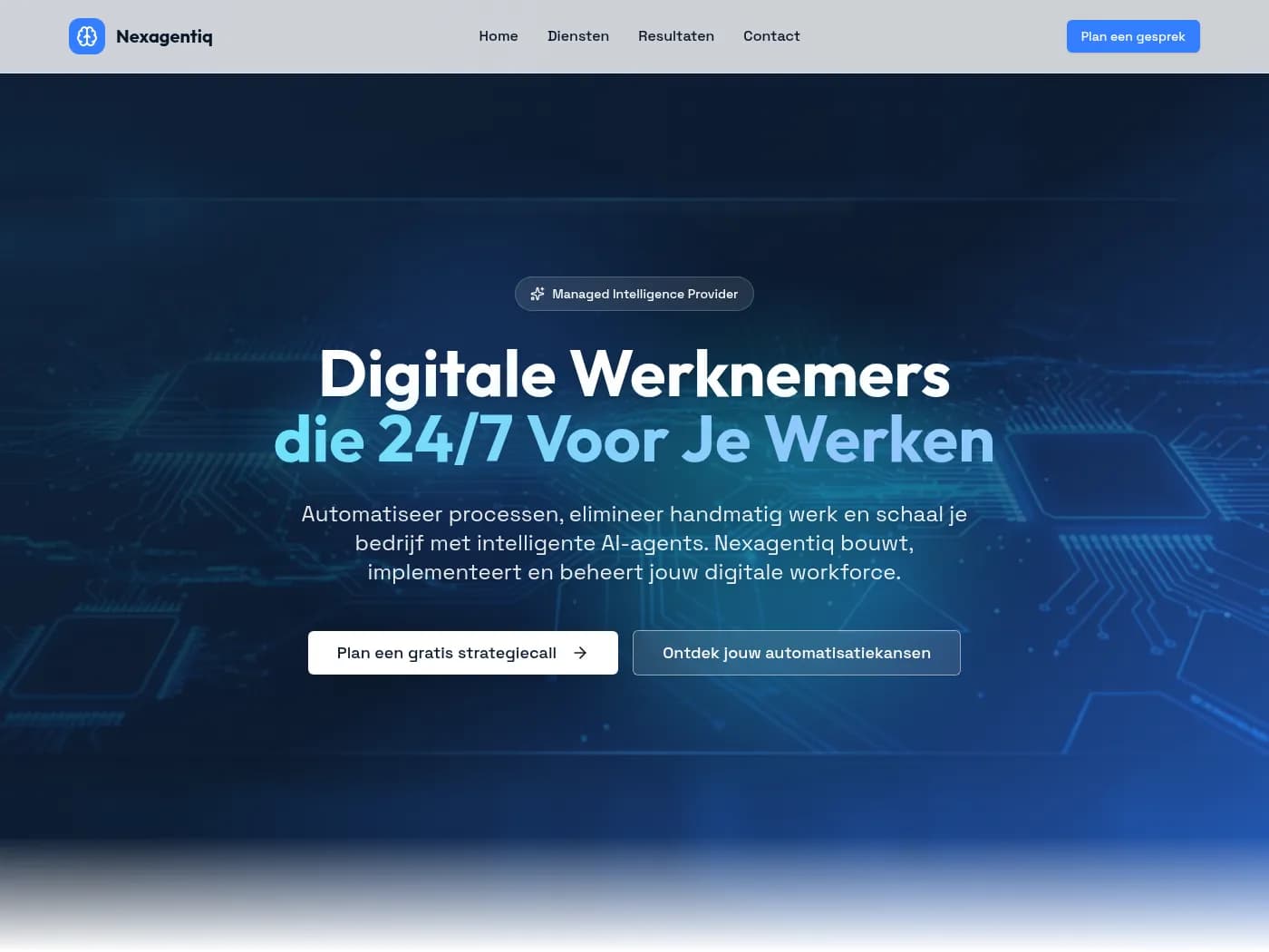 Nexagentiq Intelligent Agents - Futuristic Managed Intelligence Provider Website