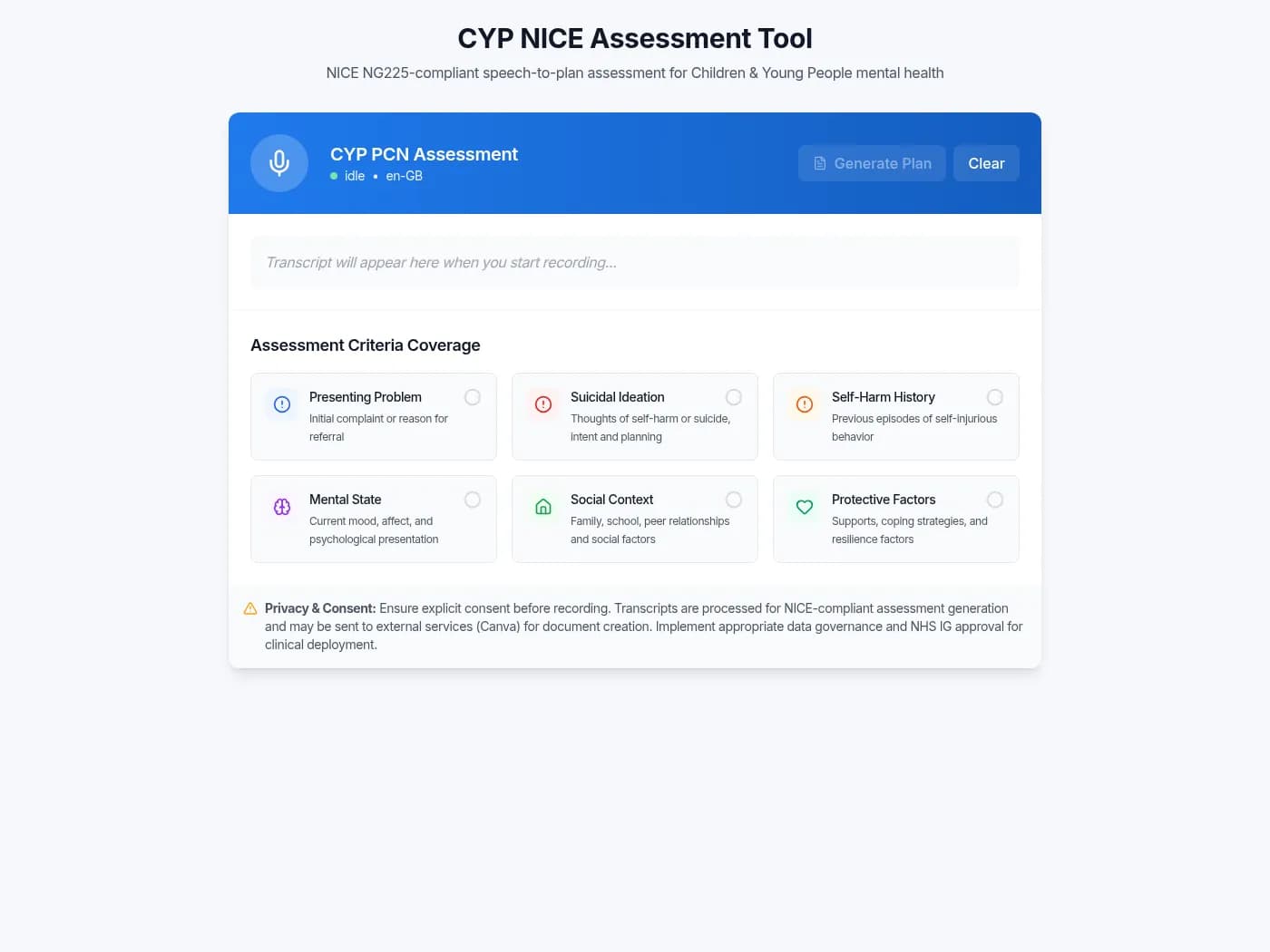 NICE-Compliant Speech-to-Plan Assessment App