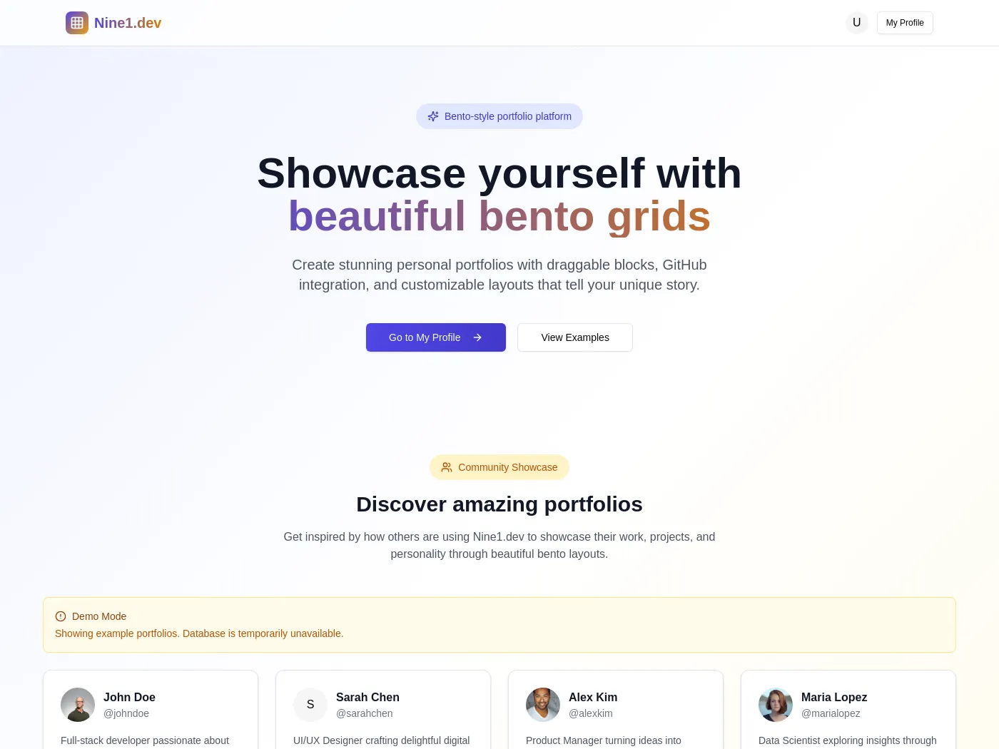 Nine1.dev - Bento-Style Personal Portfolio Platform