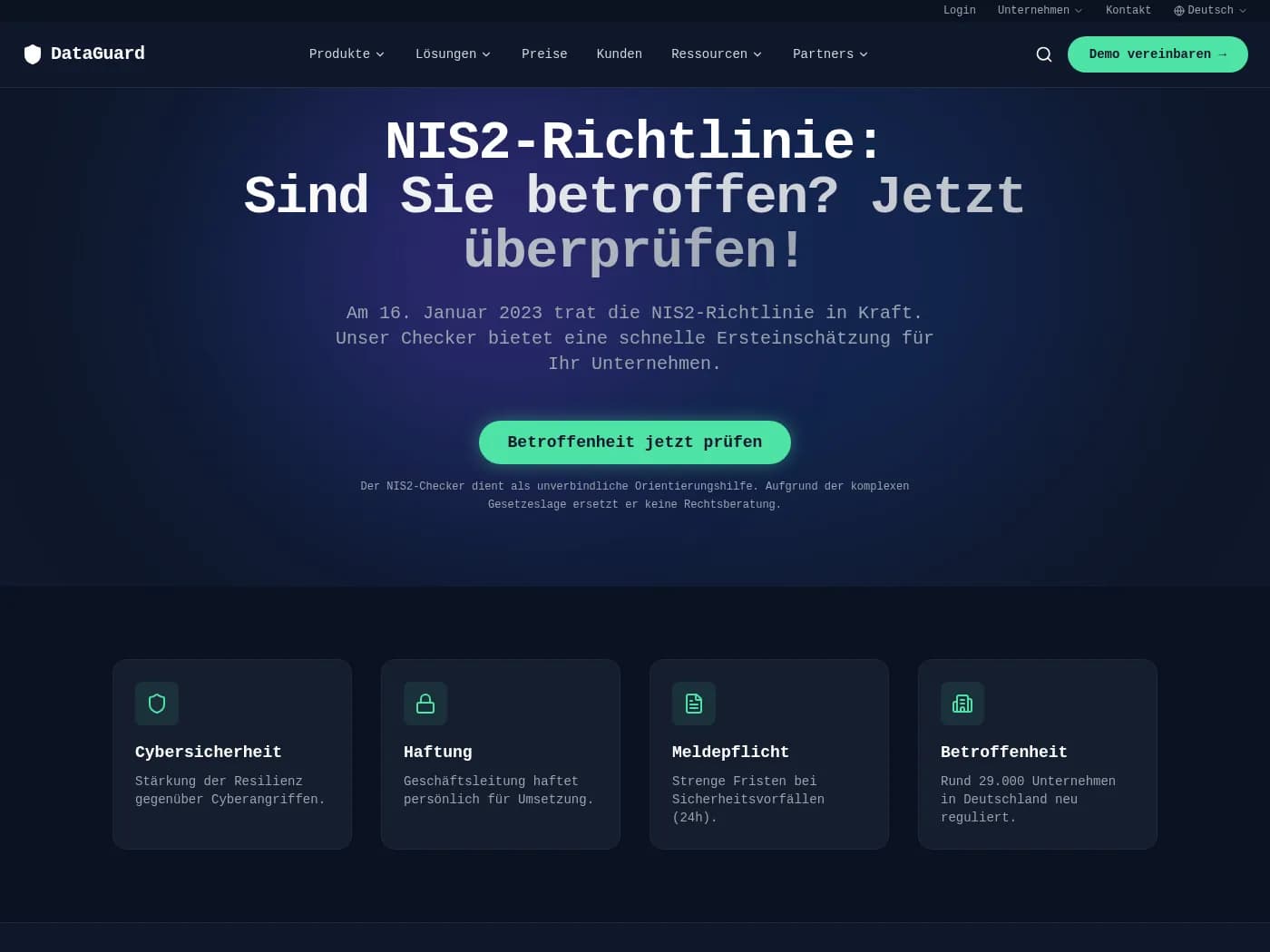 NIS2 Eligibility Checker – DSGVO-konforme Landingpage Web-App für schnelle NIS2-Betroffenheitsprüfung