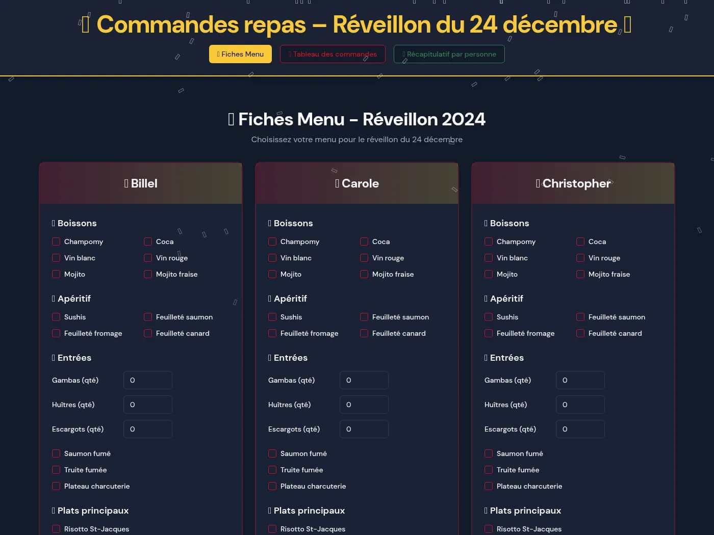 Application de gestion des commandes repas de Noël pour la famille