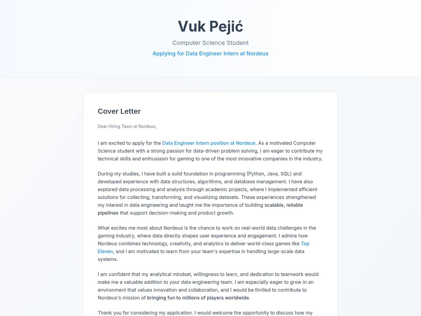 Nordeus Data Engineer Internship Application Website