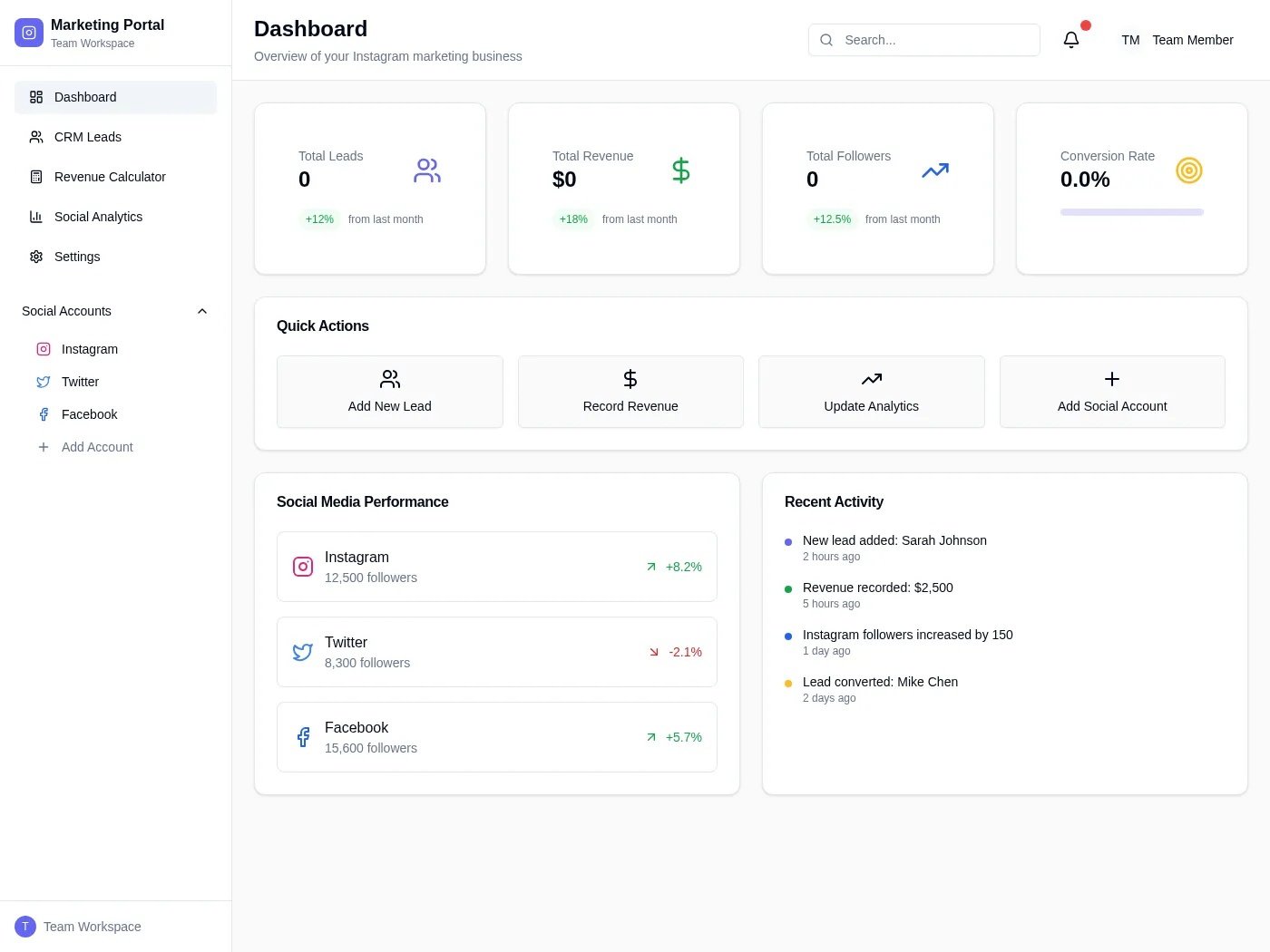 Notion-Style Instagram Marketing Portal for Small Teams