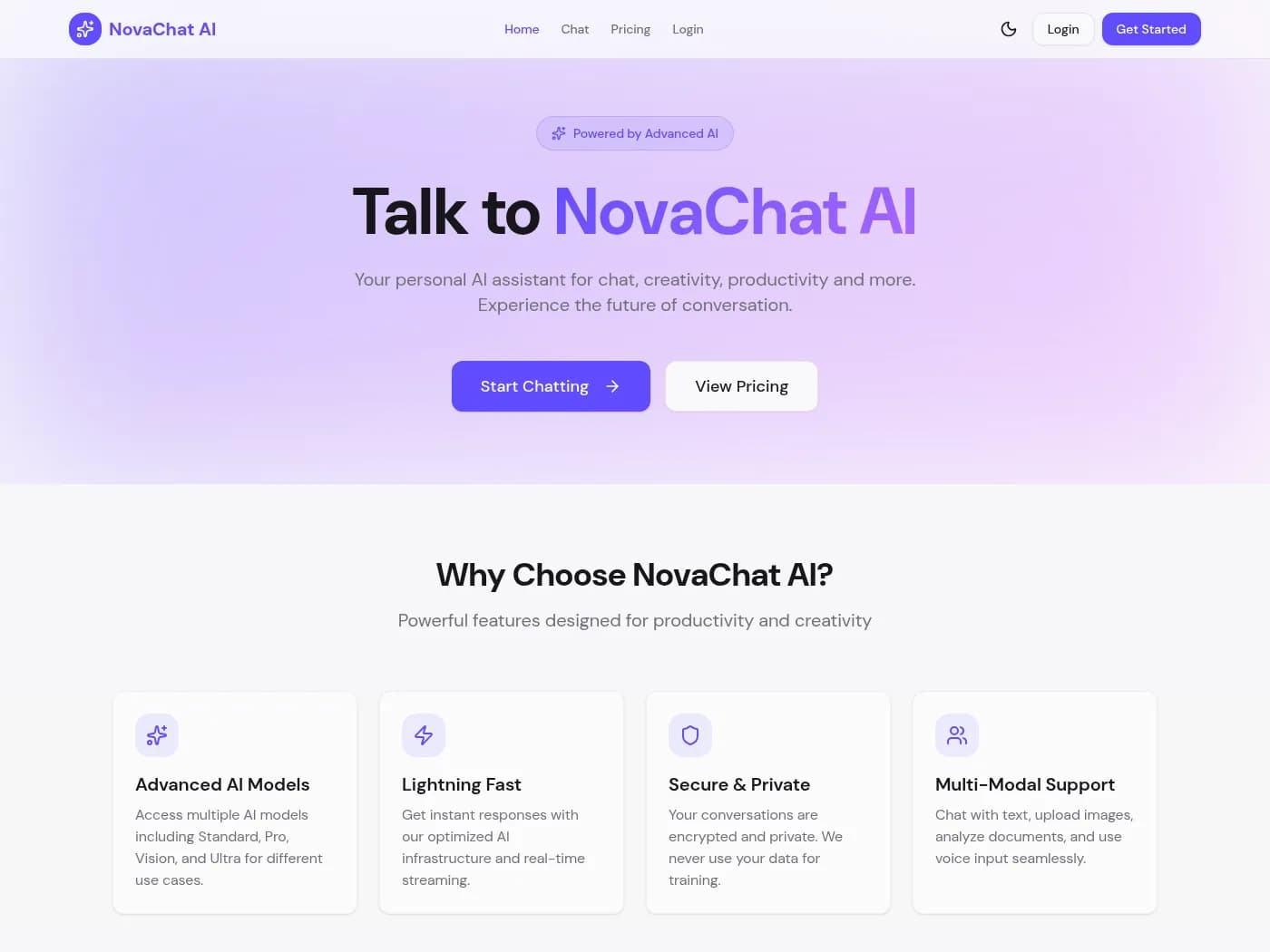 NovaChat AI – Modern Responsive AI Chat Web App with Voice, Vision, and Multi-Model UI