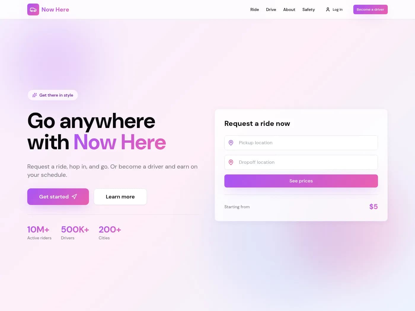 Now Here - Uber-Style E-Hailing Platform with Flozzy-Inspired Colors