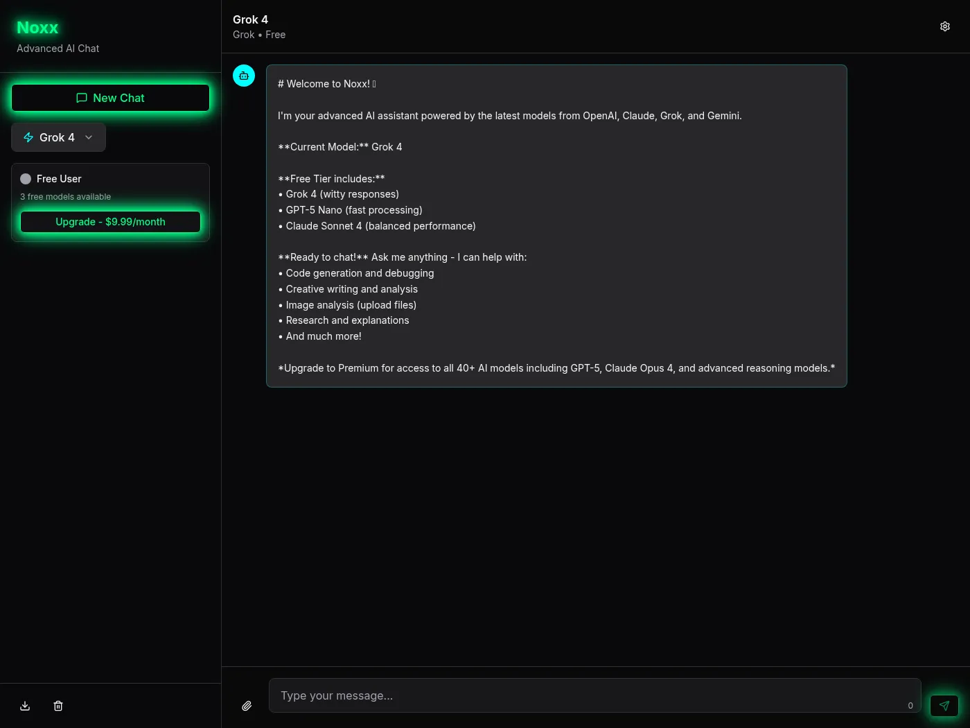 Noxx — Advanced Neon AI Chat App (All Models, Puter.js, Black & White Neon UI)