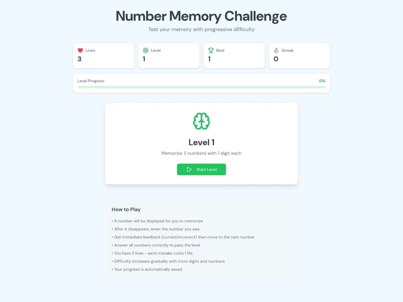 Number Memory Challenge: Progressive Brain Training Game
