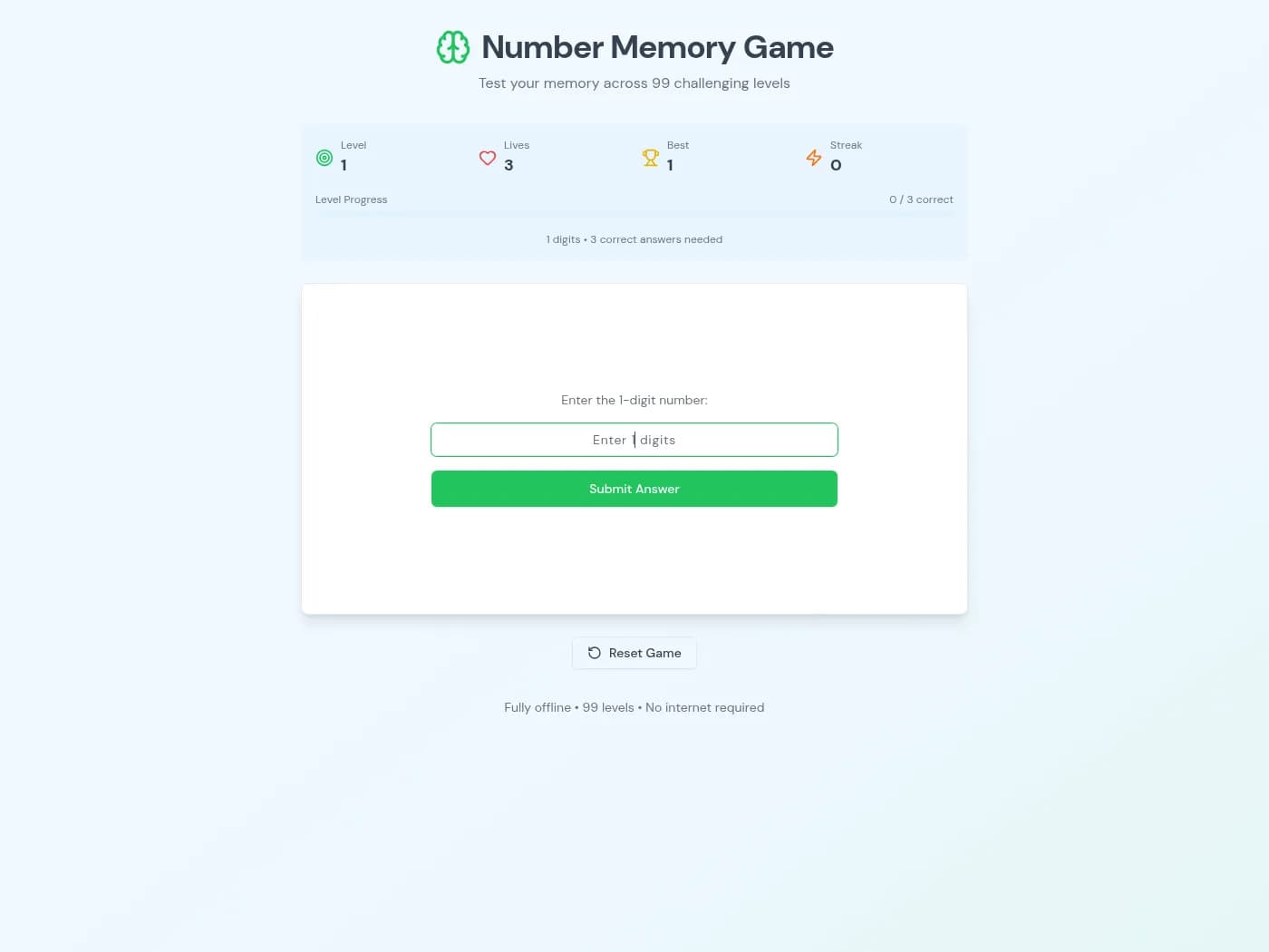 Number Memory Game: Offline Brain Challenge Web App