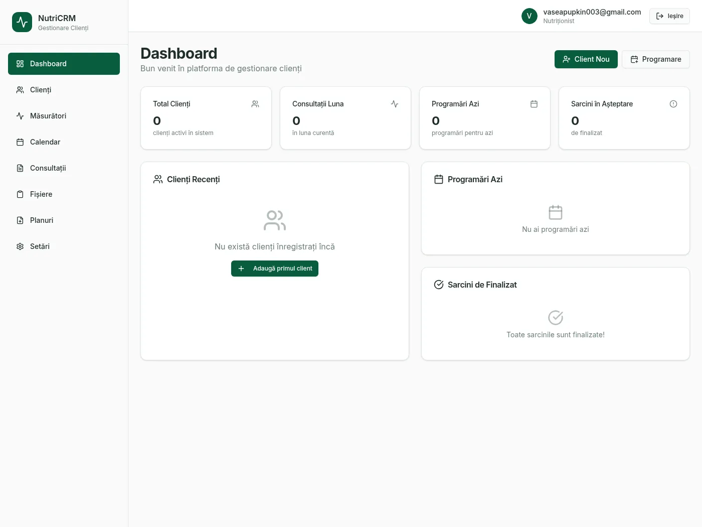 Nutritionist CRM - Privacy-First, Single-User Platform (Romanian UI)