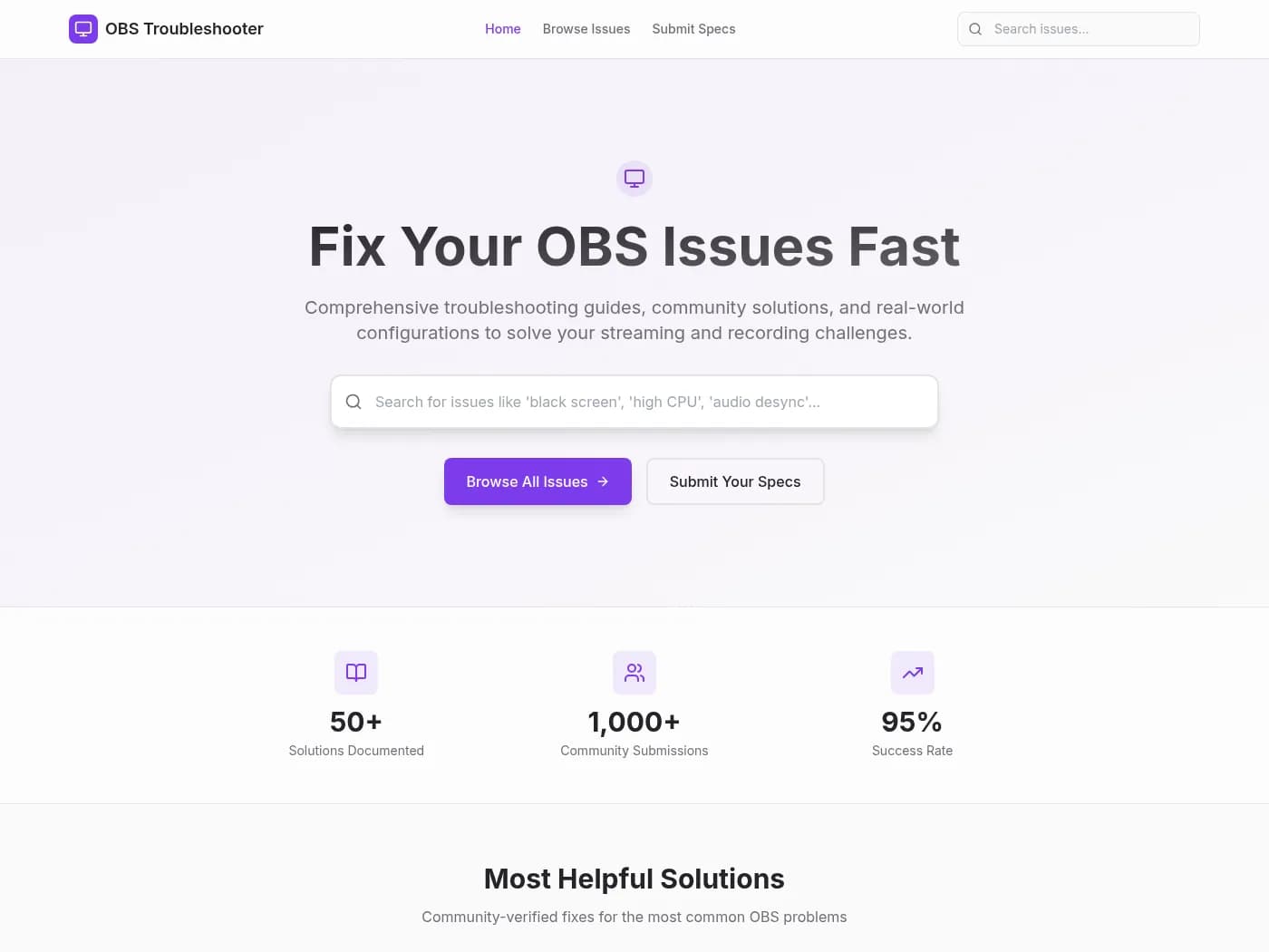 OBS Troubleshooter Central: A Modern Web Hub for Fixing OBS Issues and Sharing Community Solutions